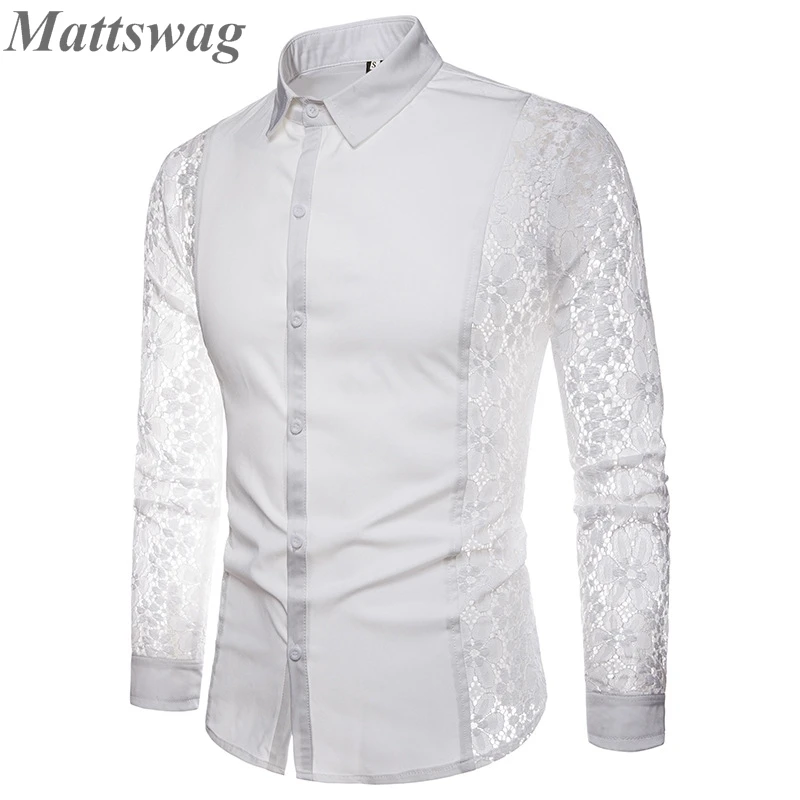 Stylish Sexy Lace Translucent Sleeve Shirts For Men Fashion Nightclub ...