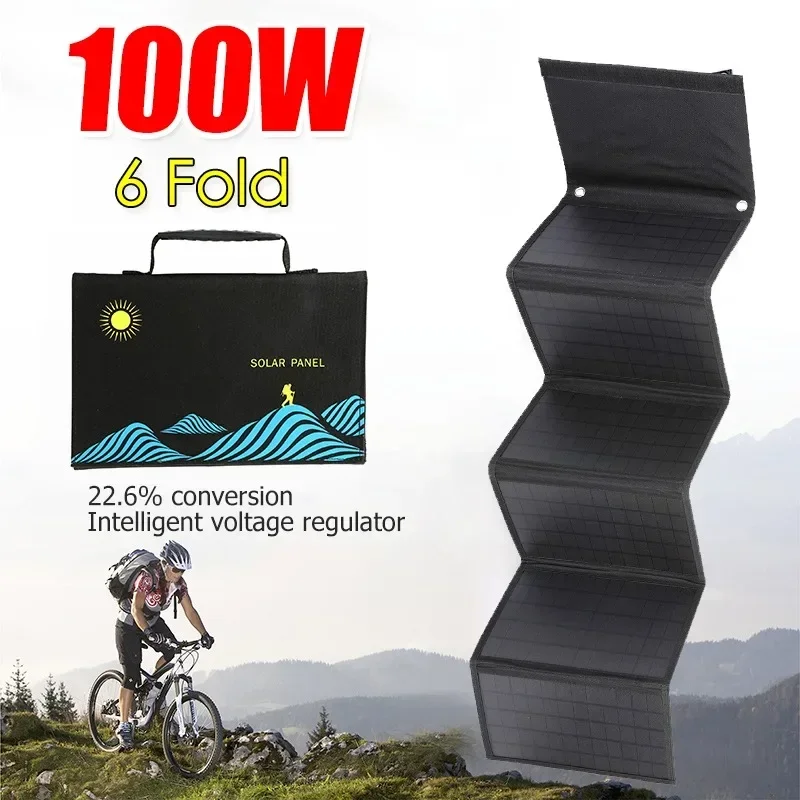100W 6 Fold Solar Panel Folding Bag USB+DC Output Outdoor Solar Charger ...