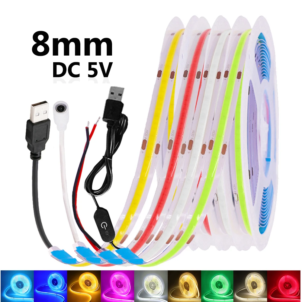 DC 5V USB COB LED Strip Lights 8mm 320LEDs/m High Density Flexible ...