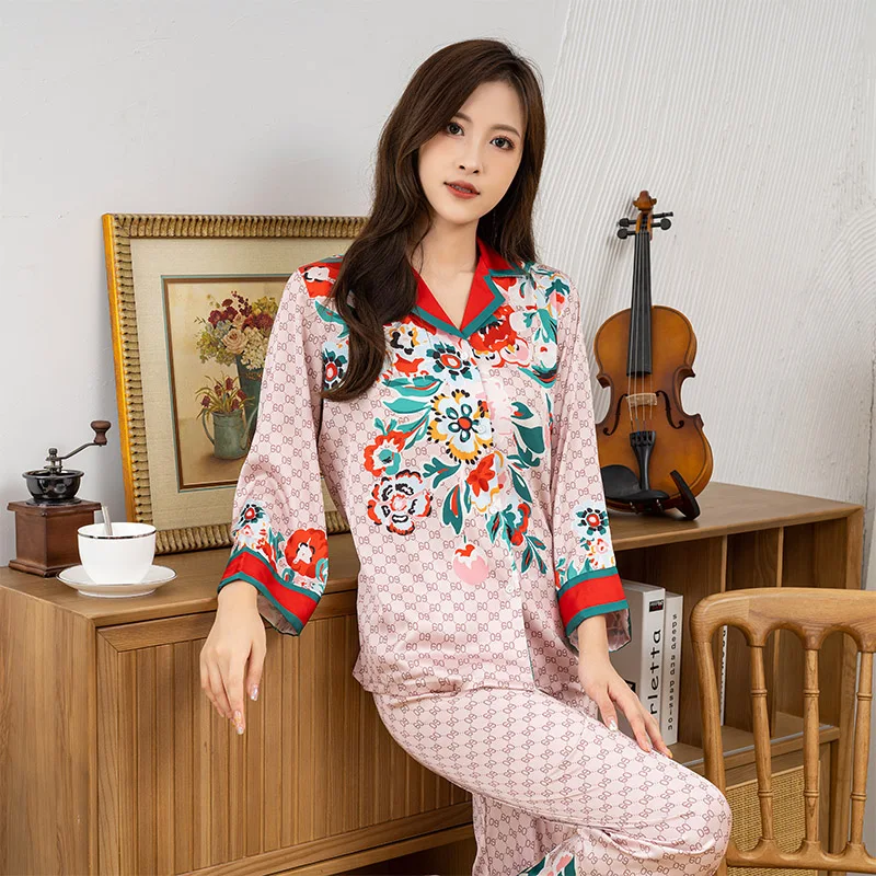 Trendy-Women-Pajamas-Sets-With-Pants-Long-Sleeved-Turn-Down-Collar ...