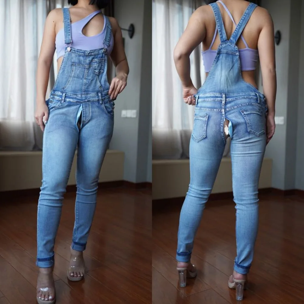 Open Crotch Jeans Sexy Denim Suspender Pants Women S Outdoor Sex Insertable Tights Invisible