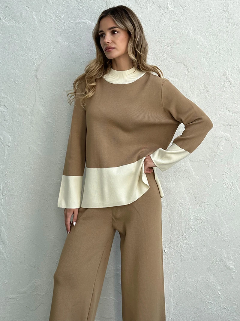 Elegant-Tracksuit-Women-Two-Piece-Set-Loungewear-Slit-Sweater-Matching ...