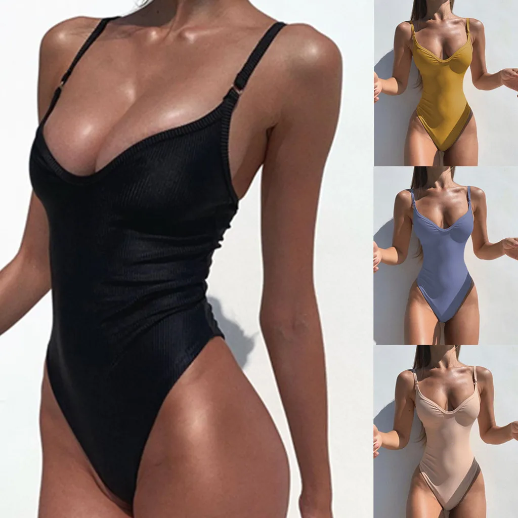 Traje de baño de una pieza para mujer, bañador Sexy de Color sólido con cuello en V profundo y ...