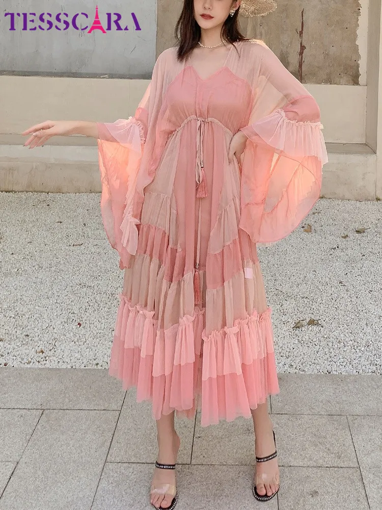 TESSCARA Women Summer Elegant Ruffles Dress Festa High Quality Long ...