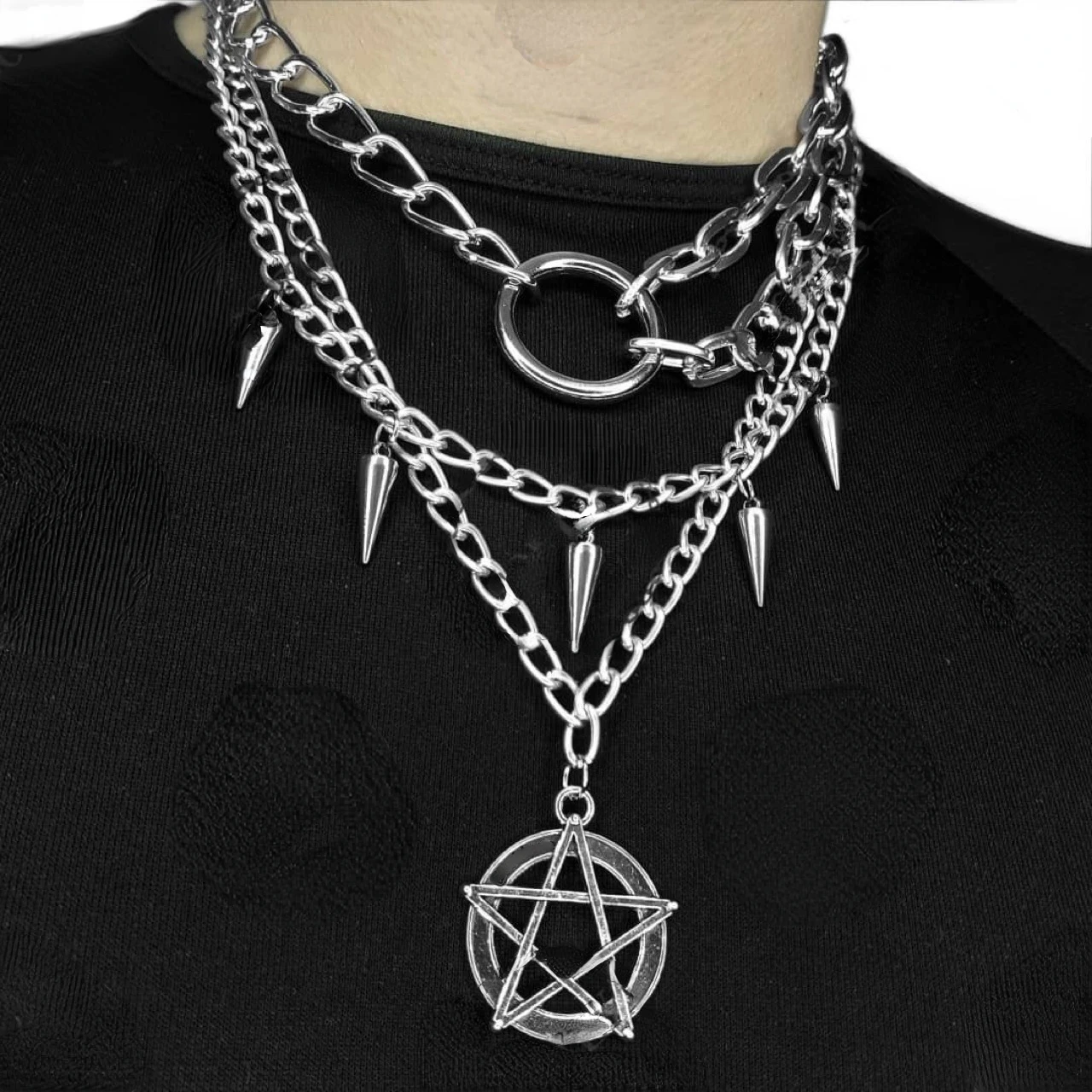 Punk Rock Hollow Star Rivets Geometric Necklace Set Hip Hop Pentagram ...