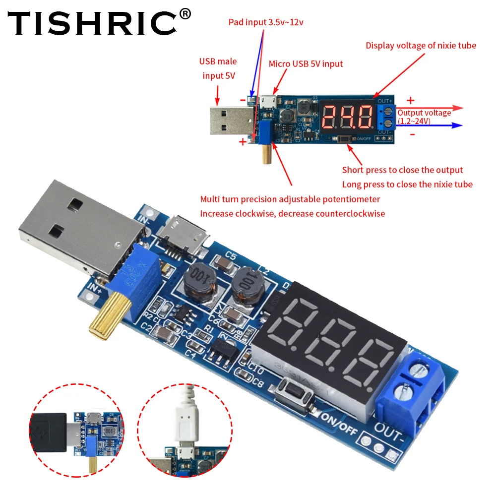 TISHRIC módulo USB Boost, DC DC de 5V a 3,3 V/24V, fuente de ...