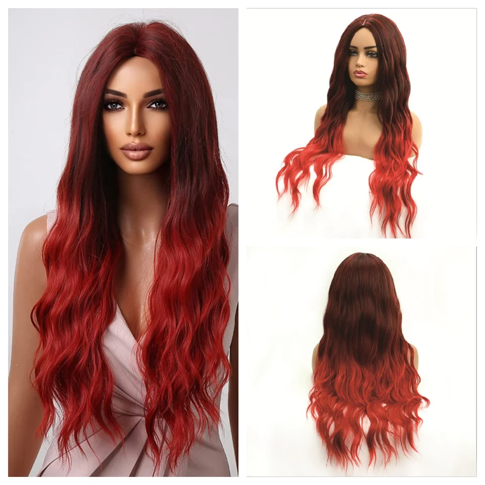 Long Wavy Red Wigs Synthetic Wigs With Dark Roots Natural Middle Part ...
