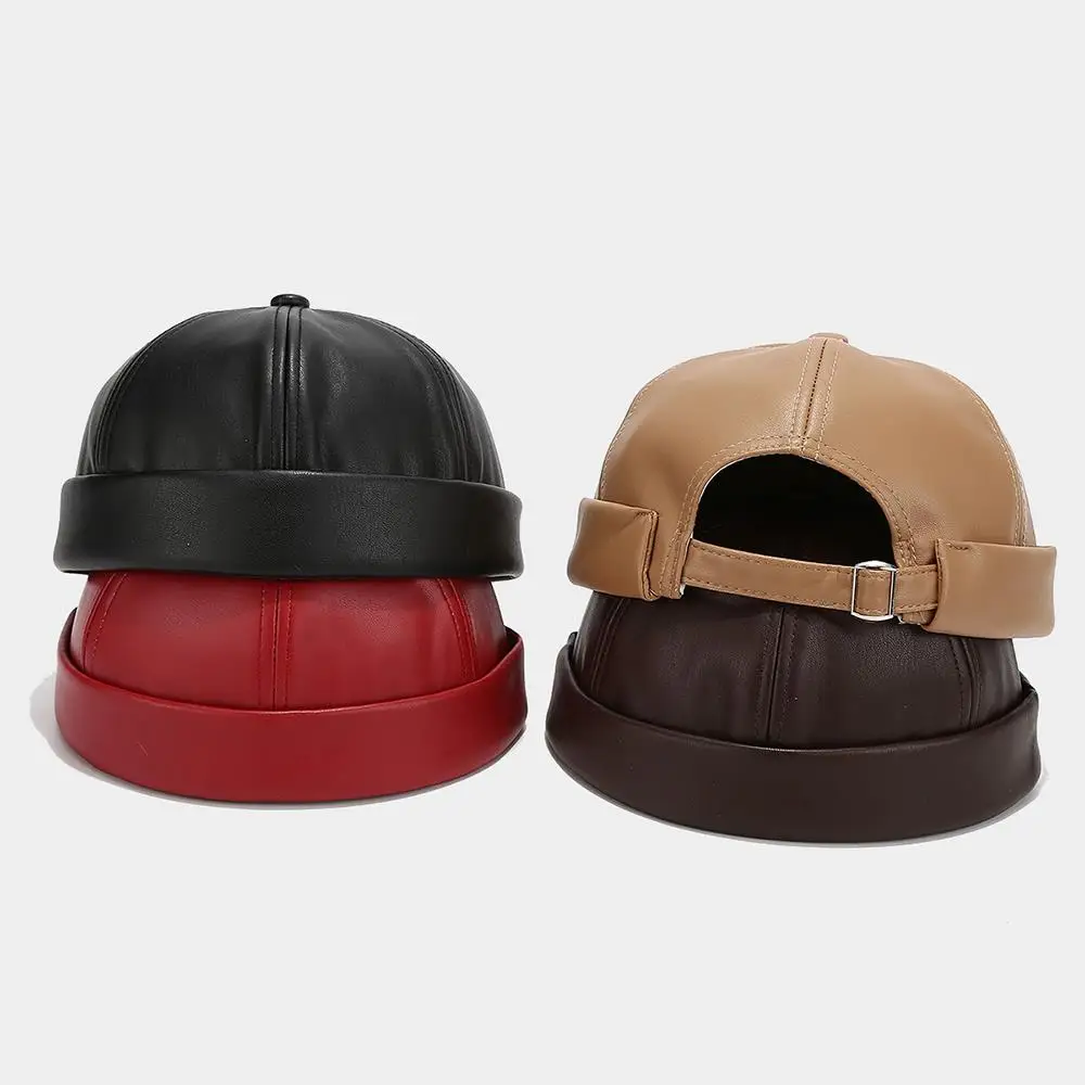 Vintage Pu Leather Melon Skin Hat Brimless Hat Landlord Cap Retro ...