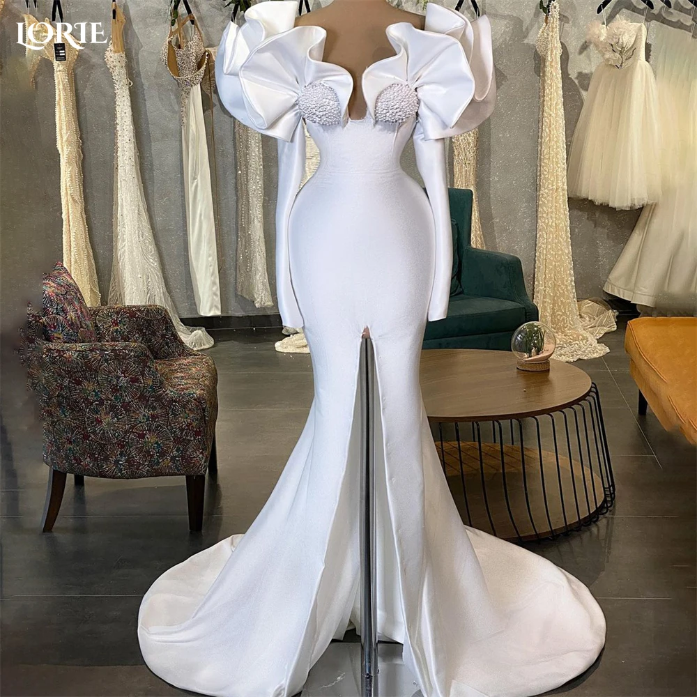 LORIE Solid Satin Mermaid Evening Dresses Middle Slit Ruched Off ...