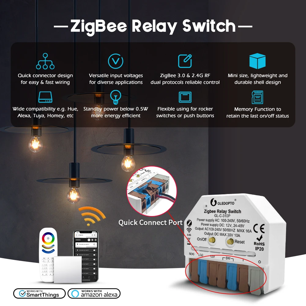 GLEDOPTO-ZigBee-3-0-ON-OFF-Relay-Switch-AC-DC-Power-Electric-APP-Voice ...