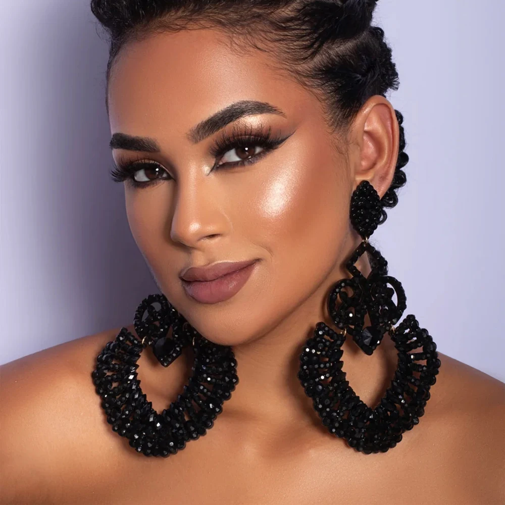 Designer Style Black Hoop Dangle Earrings for Women Luxury Exaggerated ...