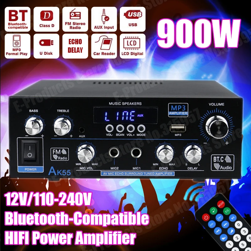 AK35/AK45/AK55 900W Home Power Amplifiers 2 Channel Bluetooth Sound Amplifier FM USB Remote ...