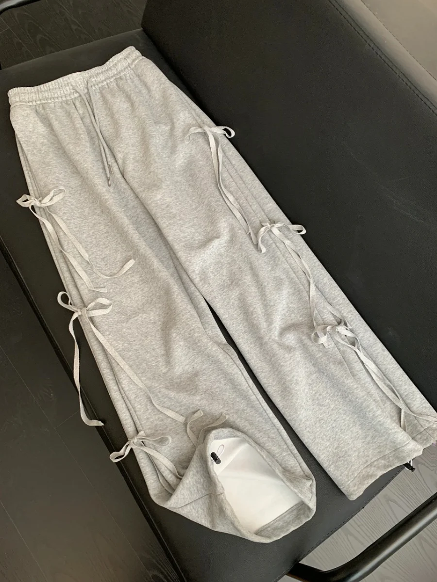 Korean Style Grey Sweatpants Women Spring Vintage Bow Lace Up Straight Wide Leg Pants Fashion