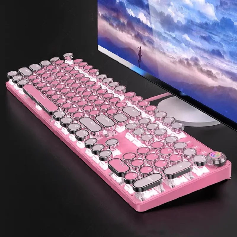 Pink Keboard 104 Keys Layout LED White Backlit Round Keycaps Green ...