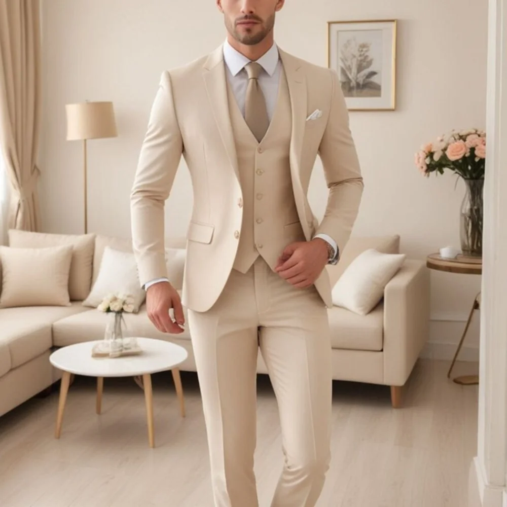 Beige Men Suits 3 Piece Fashion Single Breasted Formal Wedding Tuxedo ...