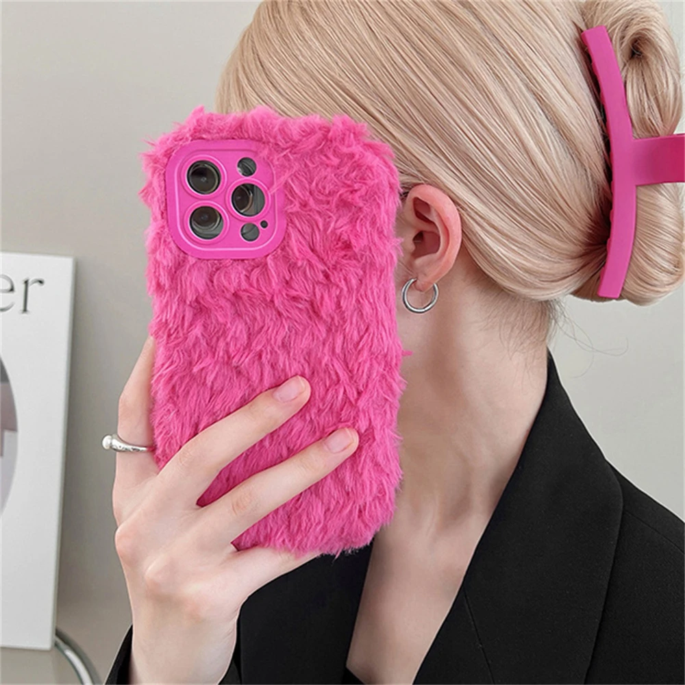 Cute-Hot-Pink-Girl-Winter-Plush-Fur-Phone-Case-For-iPhone-14-13-12-Pro ...