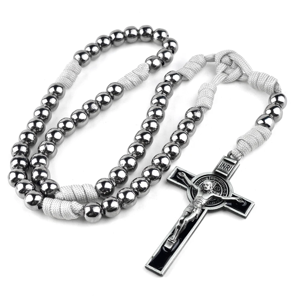 Religious Paracord Rosaries 10mm Iron Beads Antique Bronze Gun Black Catholic Saint Benedict Men ...
