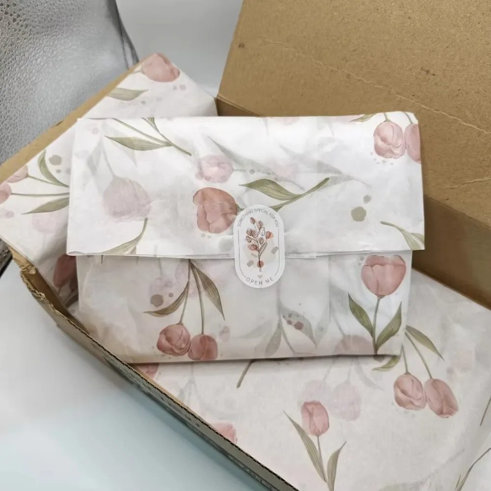 Floral Tulip Patterned Tissue Paper Gift Wrapping with Green Leaves ...
