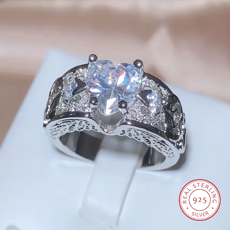 Anillo hueco clásico de circonia blanca en forma de corazón para mujer, sello para fiesta, boda ...