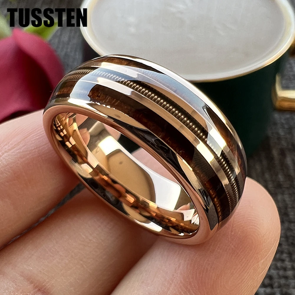 TUSSTEN-8MM-Rose-Gold-Color-Guitar-String-Ring-Men-Women-Tungsten ...