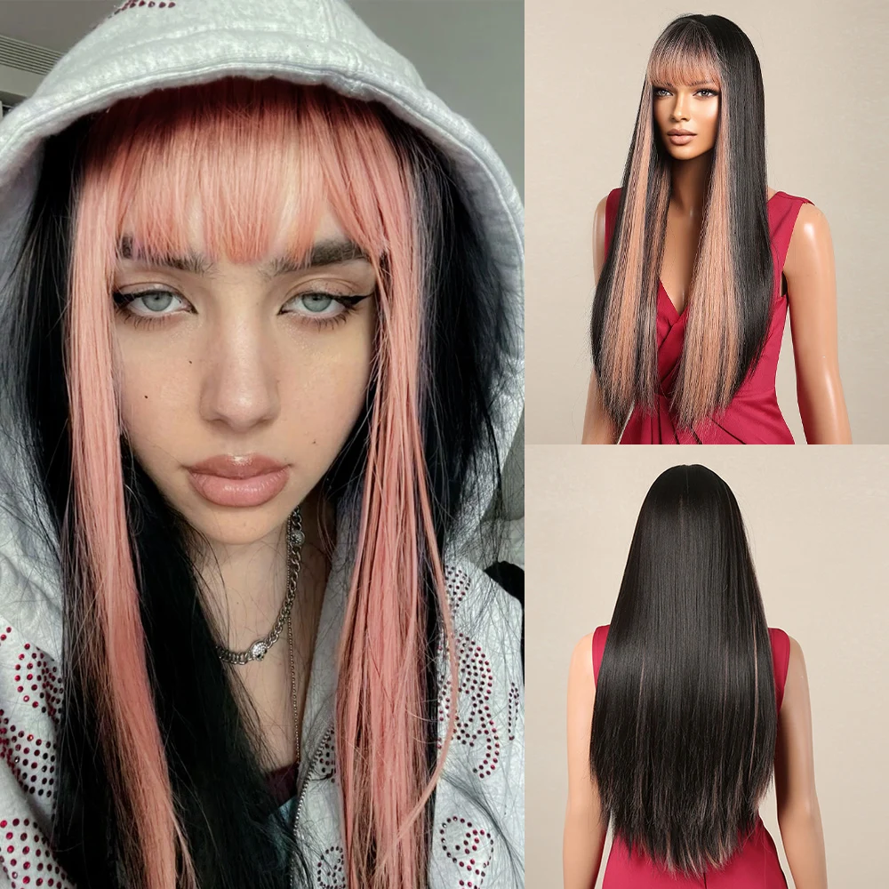 Black-Long-Straight-Synthetic-Wig-with-Light-Pink-Highlight-Bangs ...