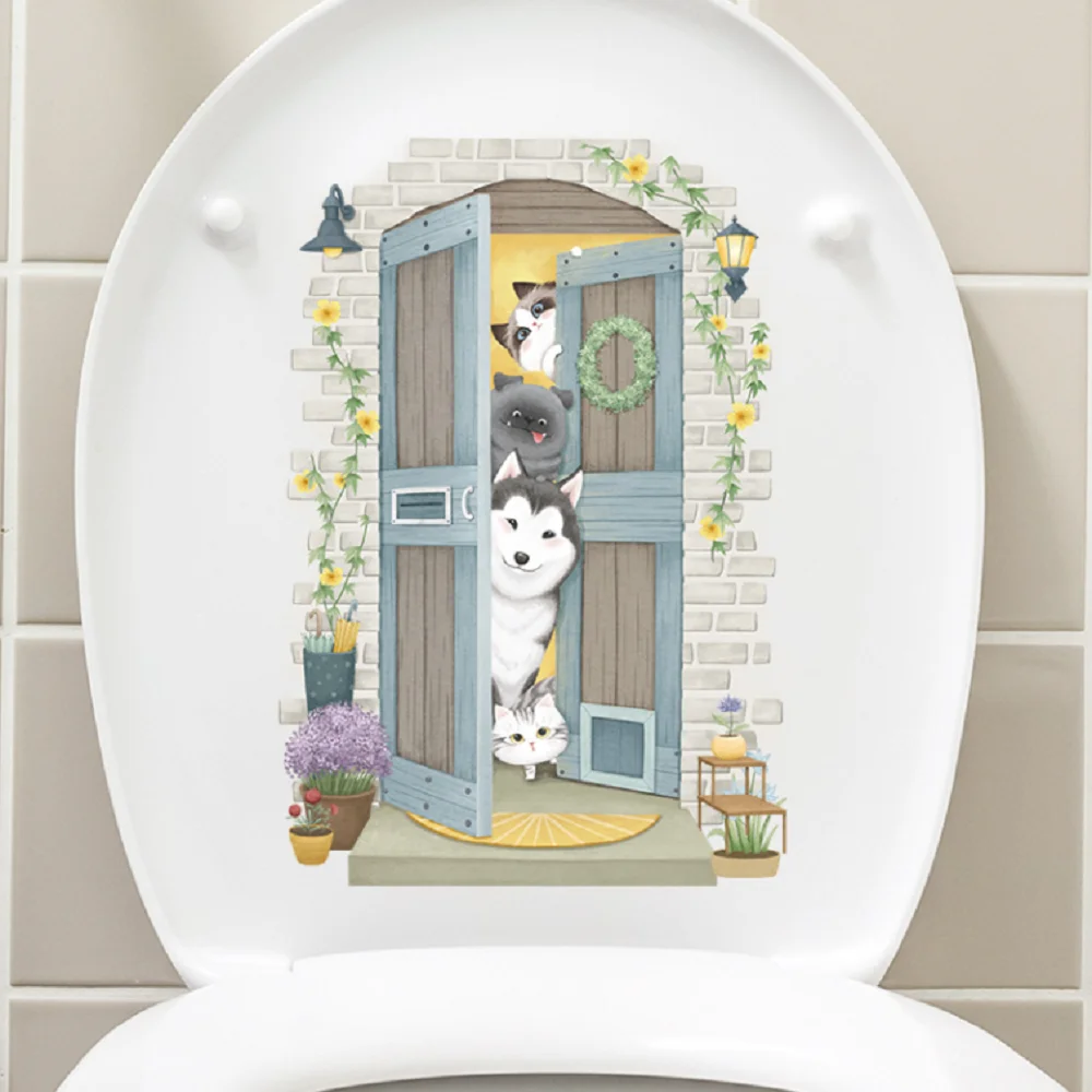 Flowers-Black-White-Cat-Dog-Raccoon-Green-Gate-Wall-Sticker-For-Living ...