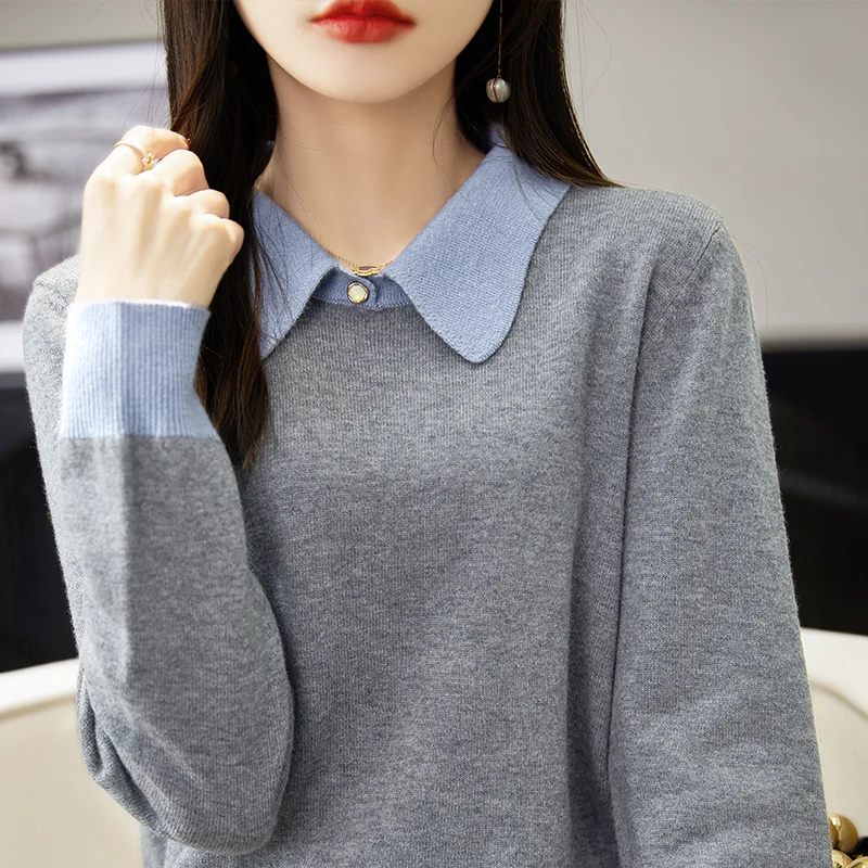 Women 100% Merino Wool Knit Pullovers 2022 Autumn Winter POLO Collar ...