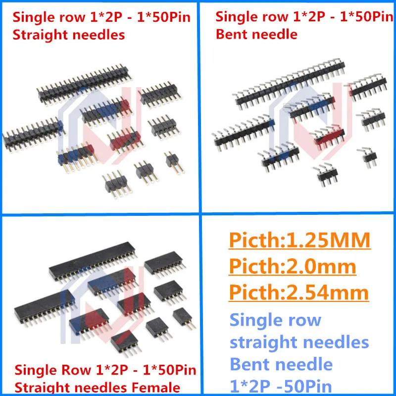 10Pcs-1-27mm-2-0mm-2-54mm-Pitch-1x2P-50Pin-Single-Row-Male-Female-Pin ...