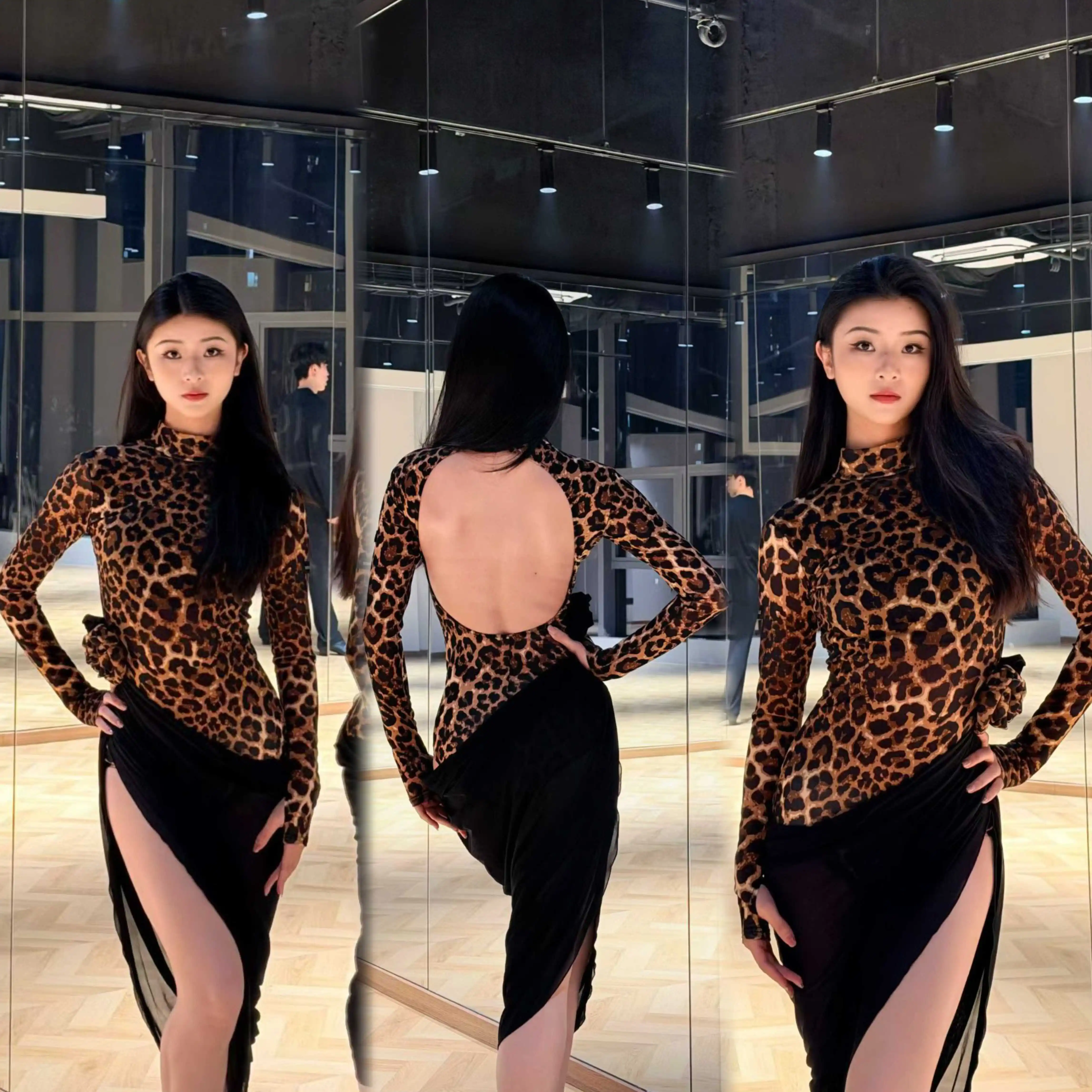 2025 Lady Latin Dance Dress Leopard Print Mesh Backless Irregular Skirt ...