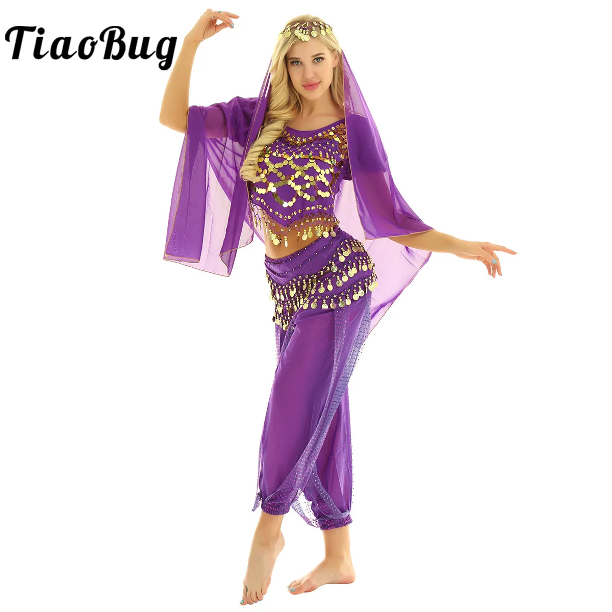 Women Belly Dance Costume Set Coins Top+Harem Pants+Hip Scarf+Head ...