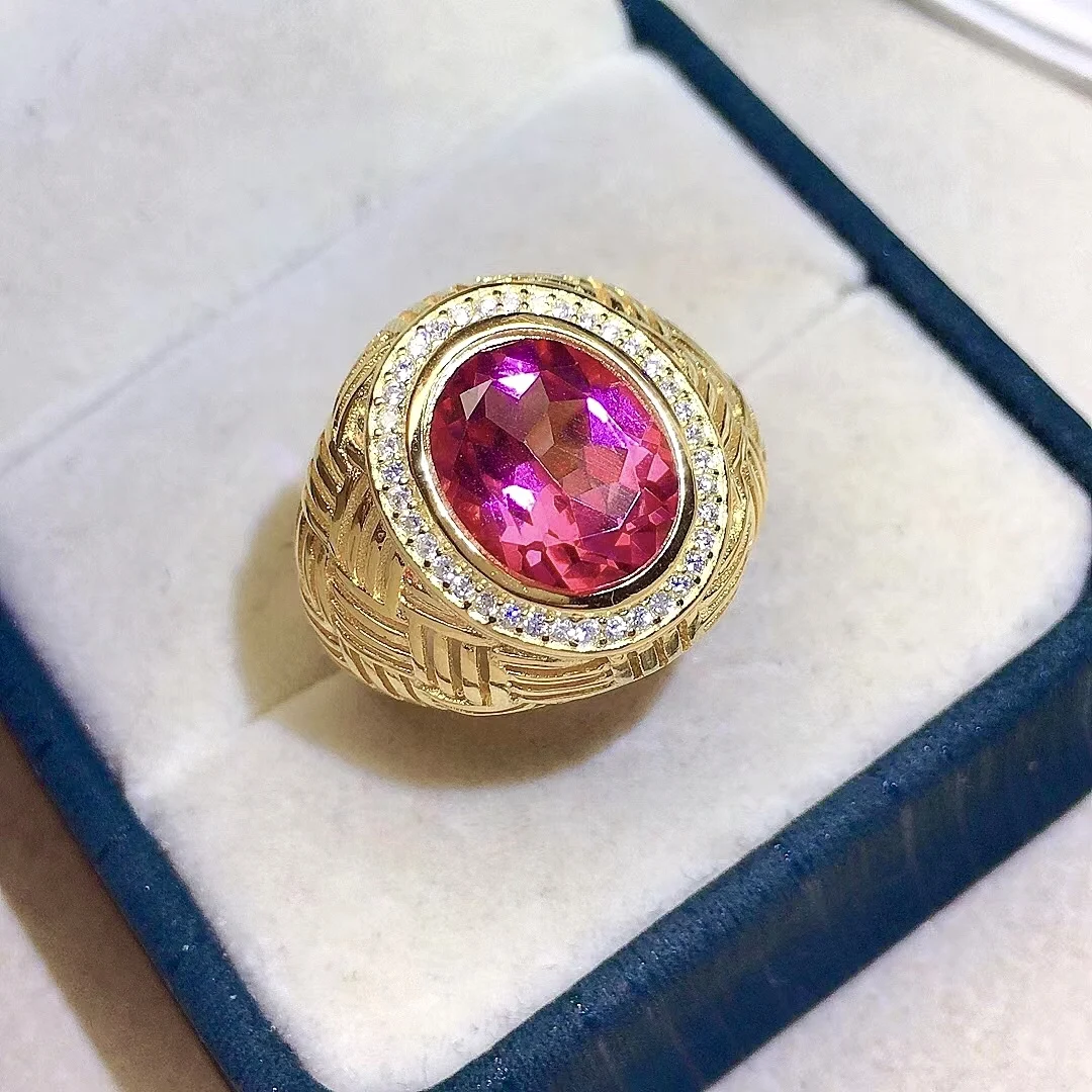 18K Yellow Gold Plating Luxury Man Ring Solid 925 Silver Pink Topaz ...