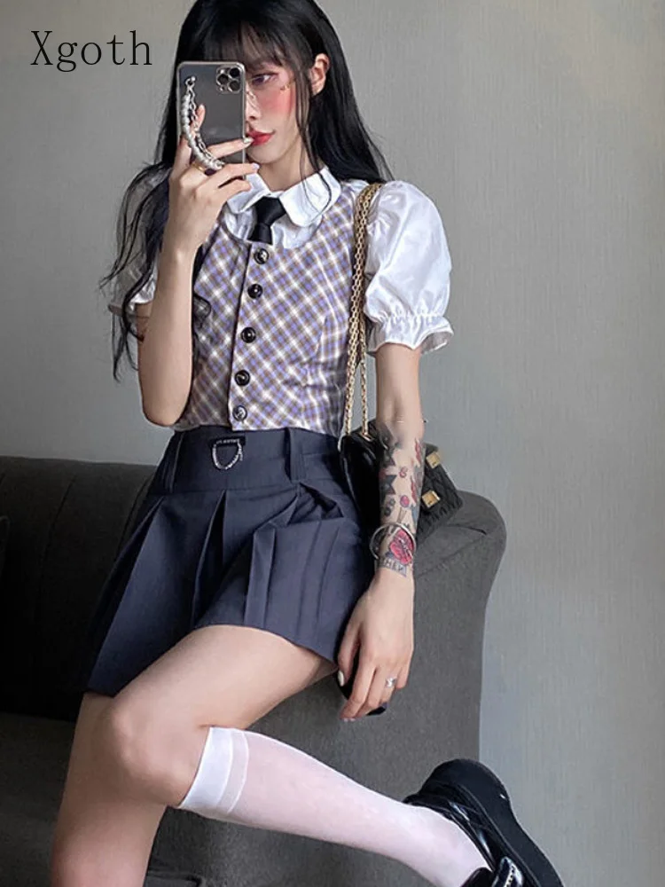 Xgoth-falda-de-traje-universitario-para-mujer-camisa-blanca-Sexy-de-tres-piezas-chaleco-a ...
