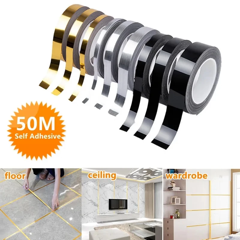 50m/Roll Brushed Gold Silver Floor Edging Waterproof Seam Wall Stickers ...