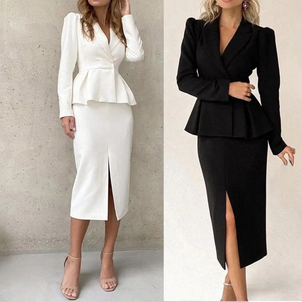 Women Elegant Tweed Two-Piece Skirts and Blazer Suits Stylilsh Long ...