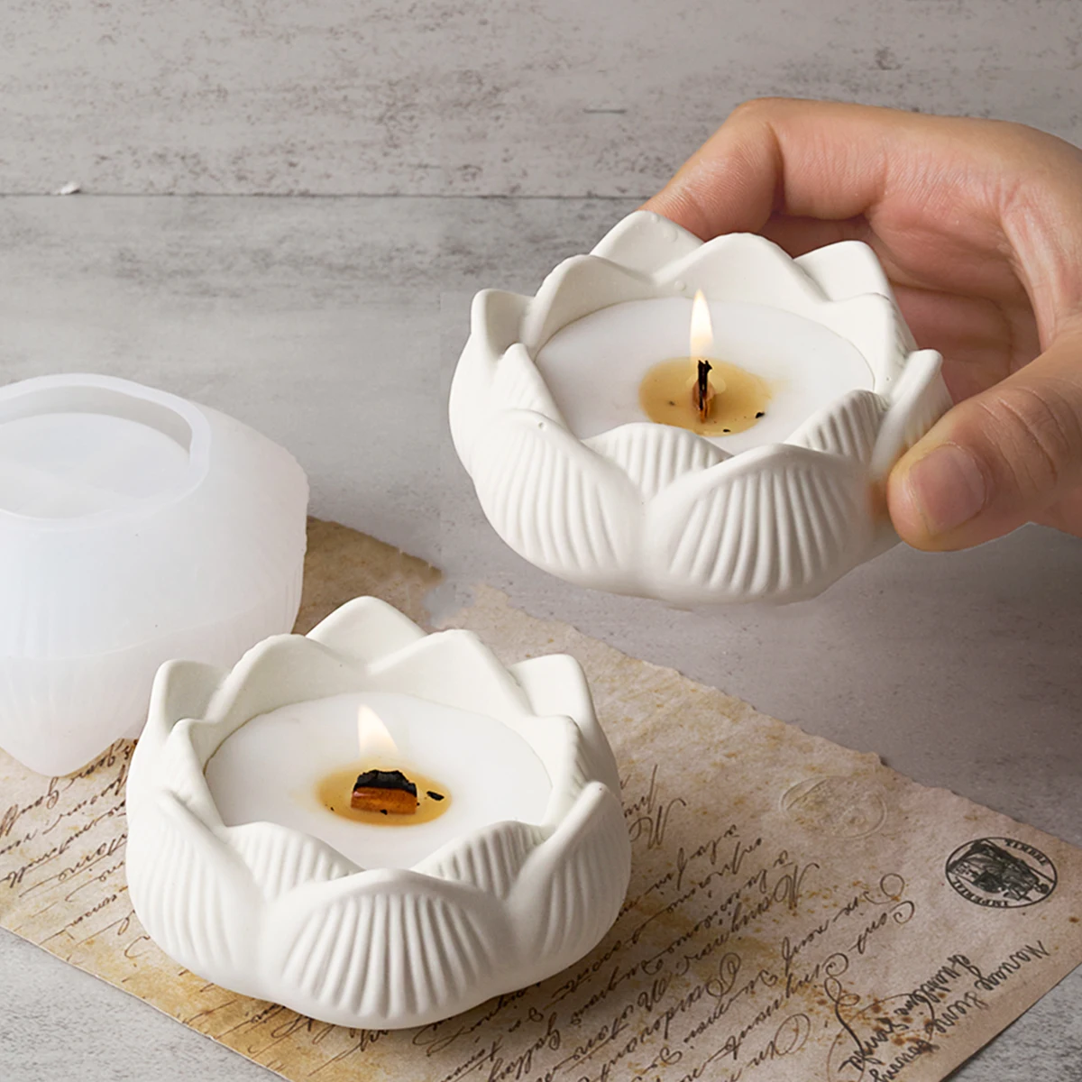 Lotus-Candle-Holder-Silicone-Mold-DIY-Flower-Candle-Jar-Tea-Wax-Stand ...
