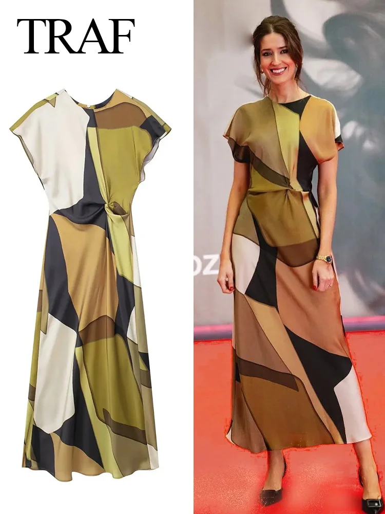 TRAF-2024-Summer-Woman-Fashion-Vinatge-Green-Printed-Long-Dress-A-Line ...