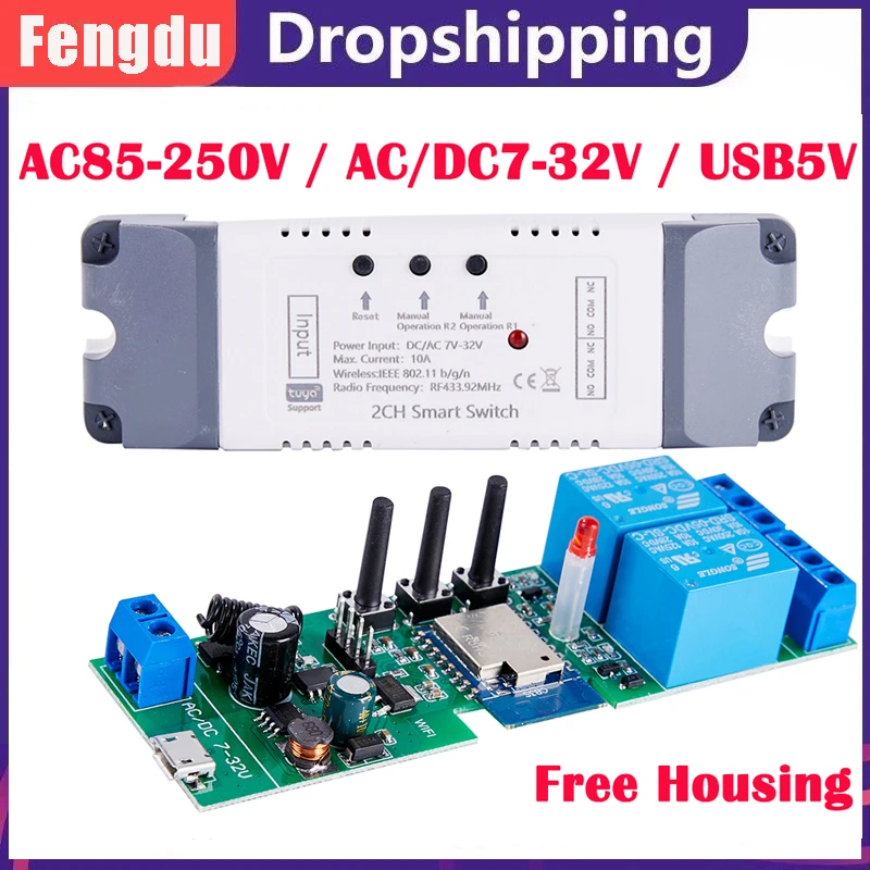 AC220V Tuya Smart Switch 85-250V 2CH WiFi Relay Module 5V 12V 24V 433MHZ RF Remote Control ...