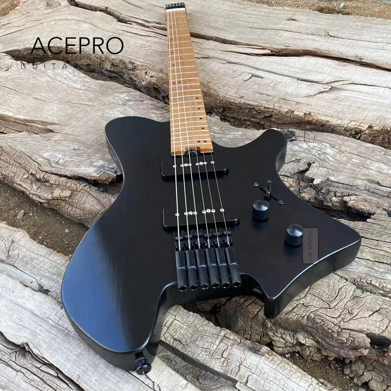 Acepro-Black-Headless-Electric-Guitar-2-P90-Pickups-Ash-Body-Roasted ...