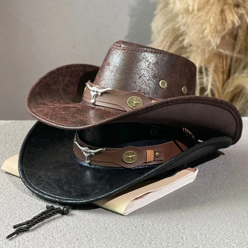 Mens-Faux-Leather-Western-Cowboy-Hat-Fashion-Cow-Head-Decorate-Cowgirls ...