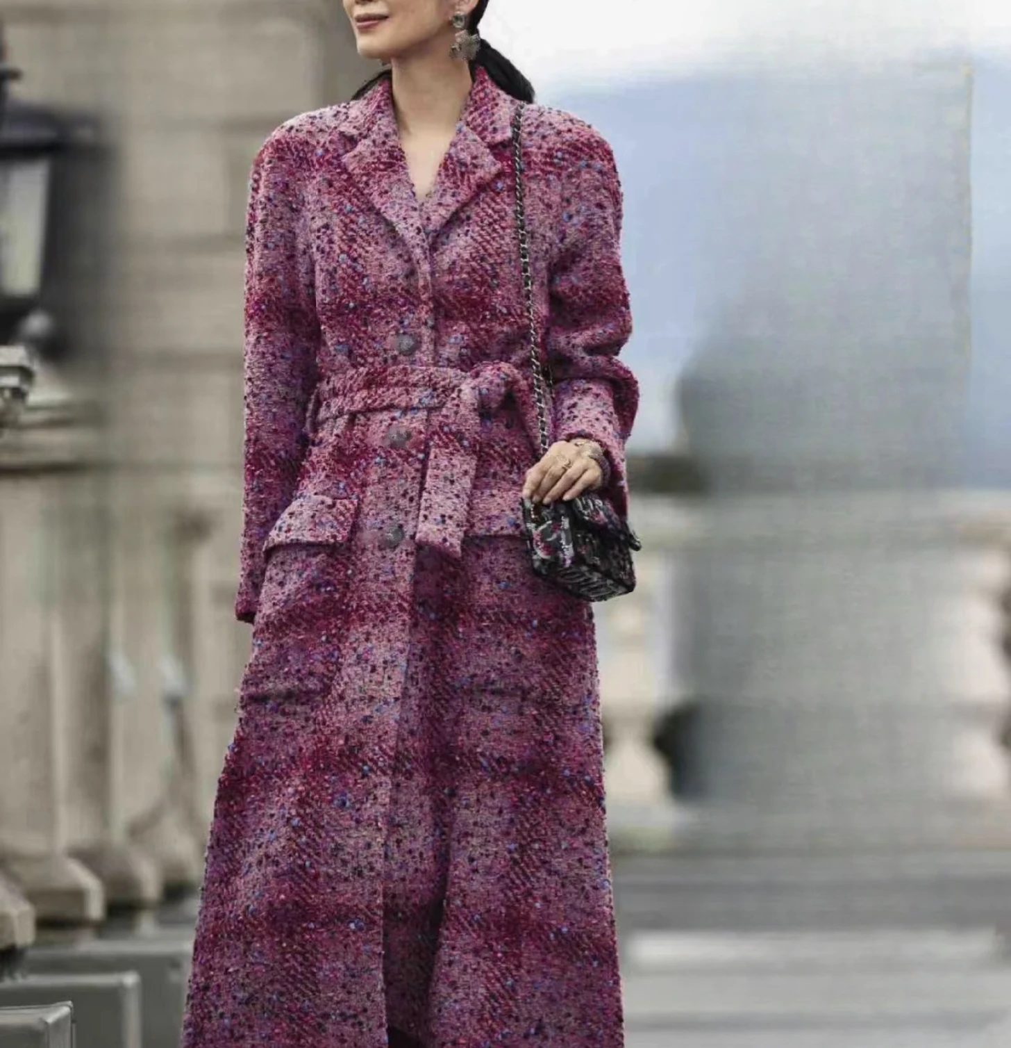 Women's Black Feather Long Plaid Wool Coat, Plaid, Custom Size, Elegant ...