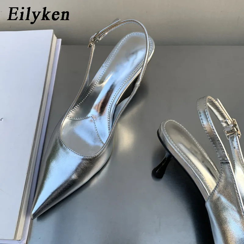 Eilyken 우아하고 얇은 하이힐 펌프스 여성용 패션 여름 뾰족한 하이힐 할로우 아웃 드레스 버클 스트랩 숙녀 샌들
