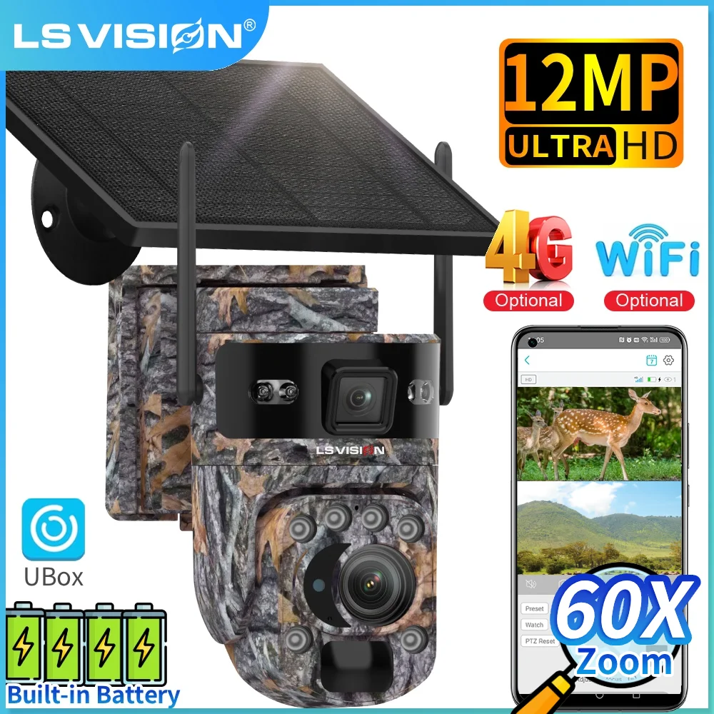 LS VISION 60X Zoom 12MP 4G SIM caméra solaire WiFi caméras de sécurité ...