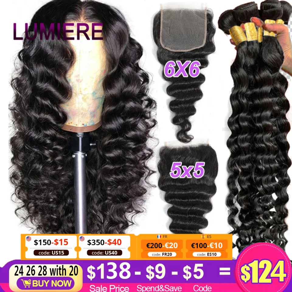 38 40 Inch Loose Deep Wave Human Hair Bundles With 4x4 5x5 6x6 Hd Lace ...
