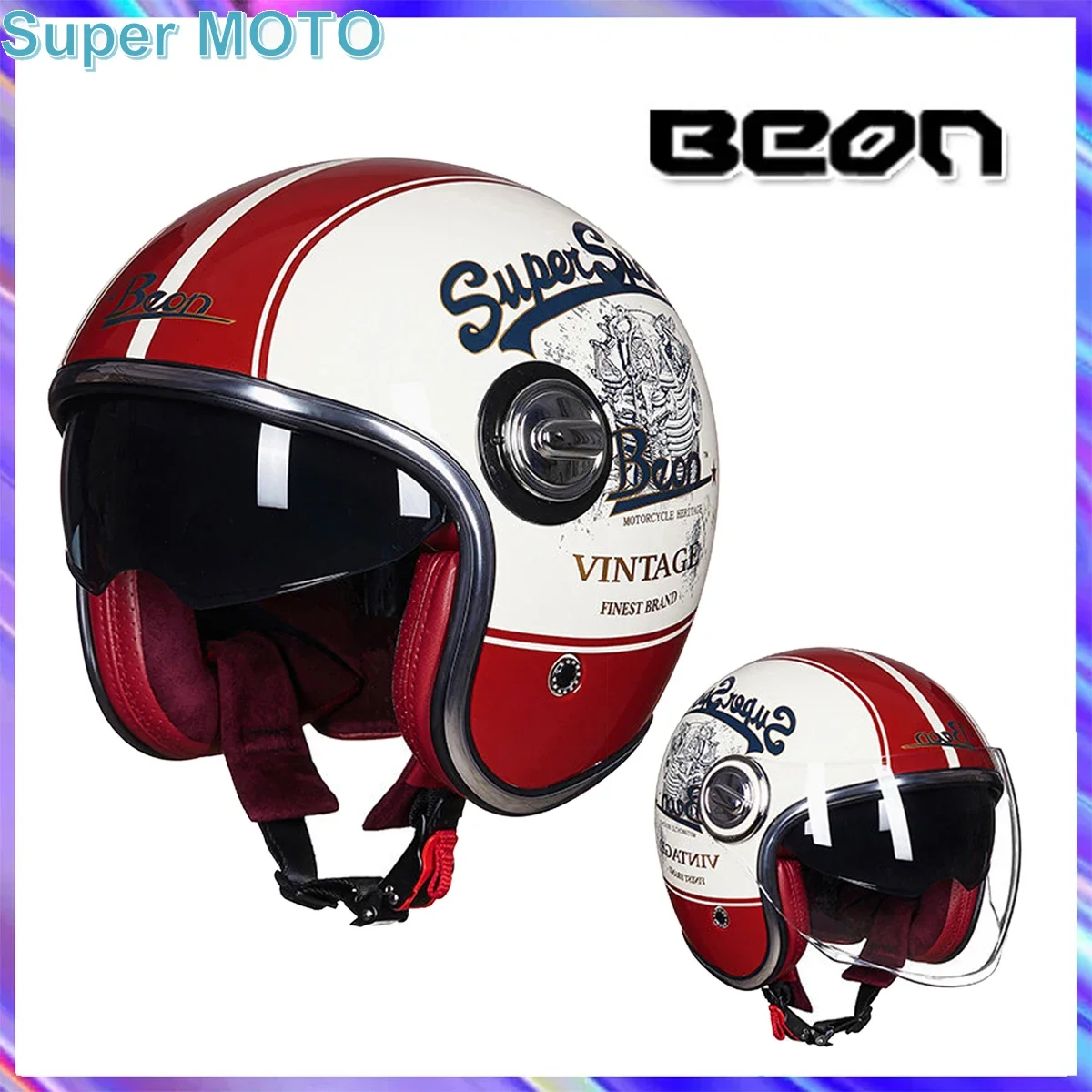 Beon-B108-Glasvezel-Vintage-Motorhelm-Retro-Open-Gezicht-Dubbele-Vizier ...