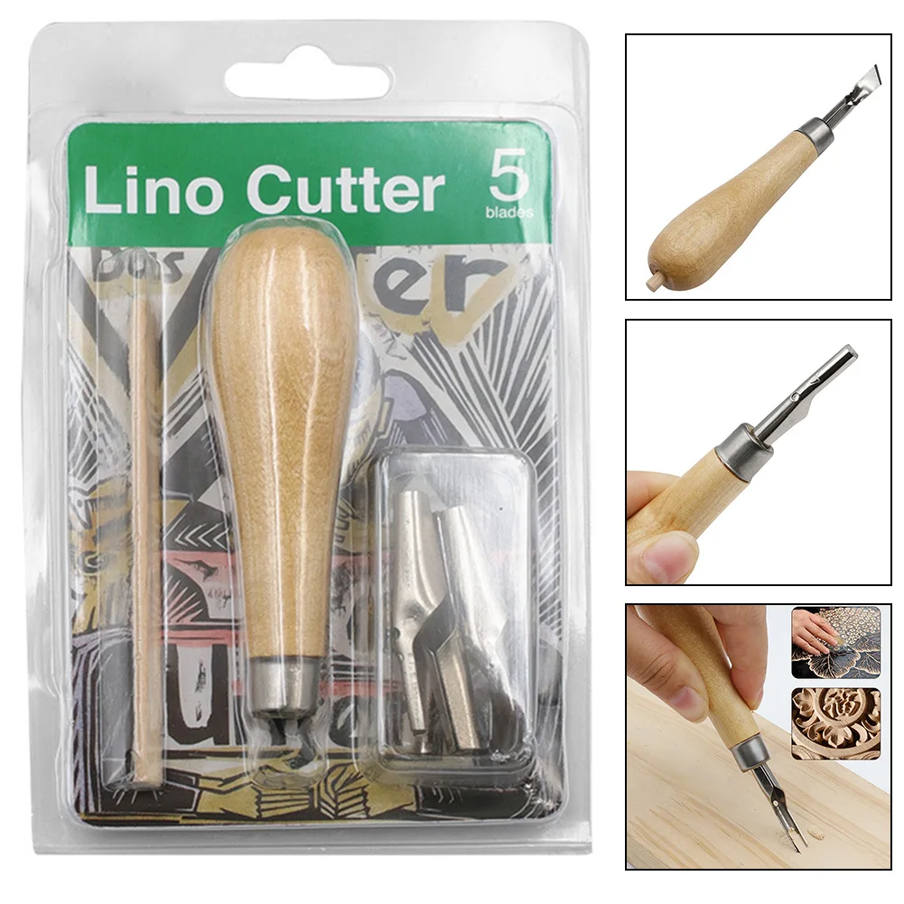 Lino-Block-Cutting-Rubber-Stamp-Carving-Tools-With-5-Blade-Wood-Handle ...