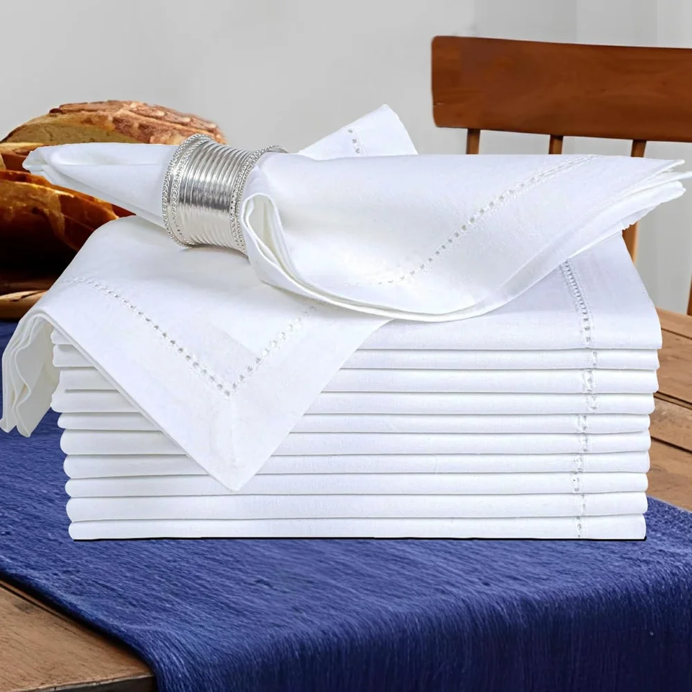 Set-of-6-Cotton-Cloth-Dinner-Napkin-White-Hemstitched-Mitered-Corners ...