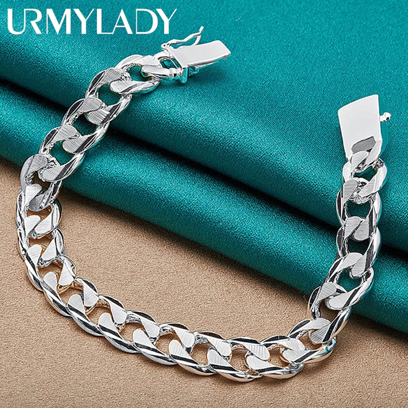 925-Sterling-Silver-10mm-Side-Chain-Bracelet-Wedding-Party-Exquisite ...