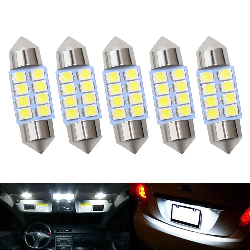 5Pcs-Car-T10-Led-Light-3528-1210-White-8SMD-Domed-Interior-Bulb-31mm ...