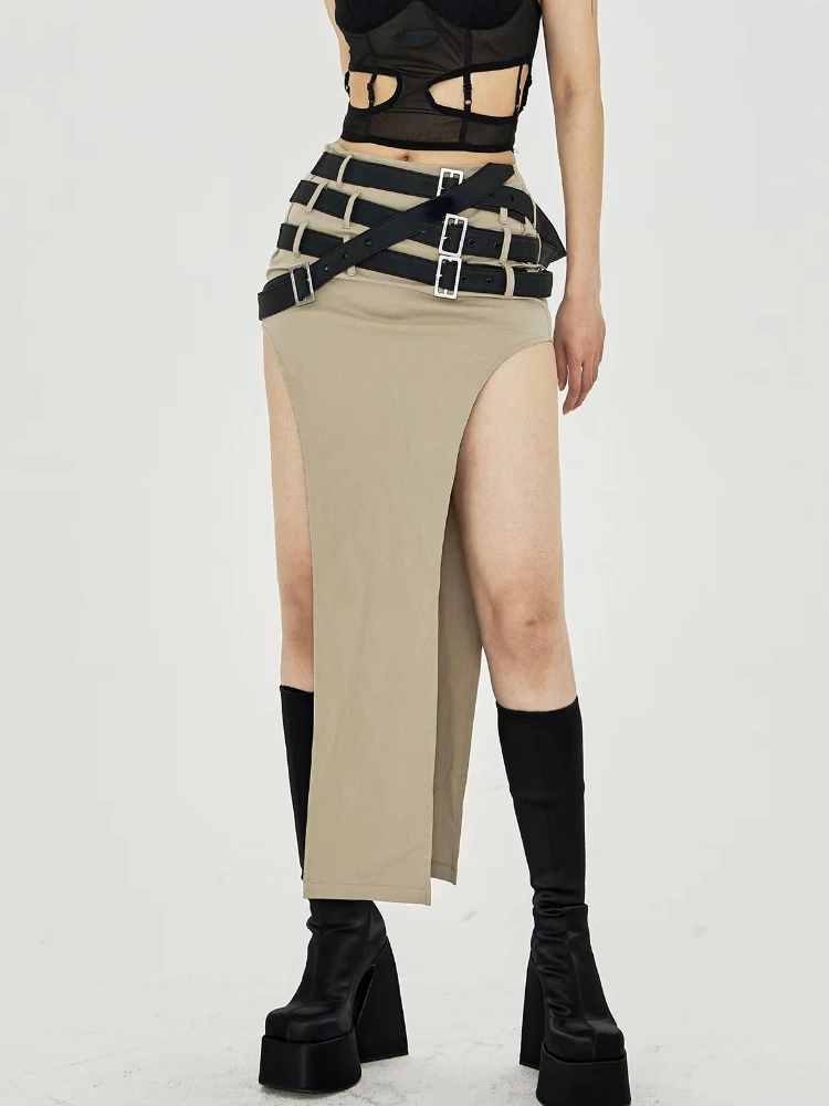 Houzhou Kpop Irregular Long Skirt Women Summer Sexy Slim Belt Patchwork