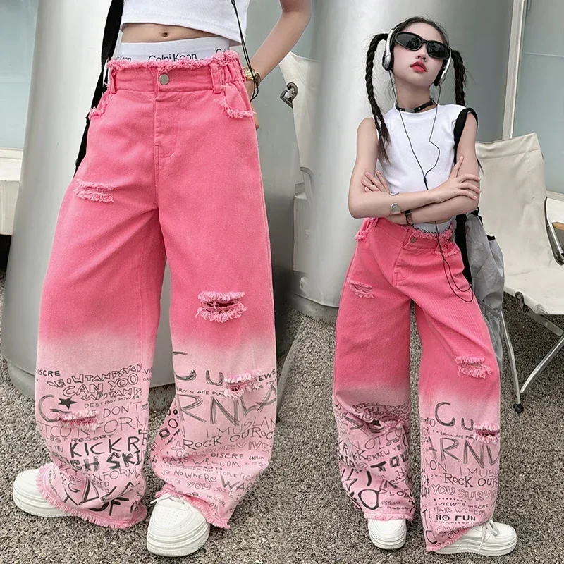 Junior Girls Gradient Color Hole Wide Leg Jeans Cotton Teenager Kids ...